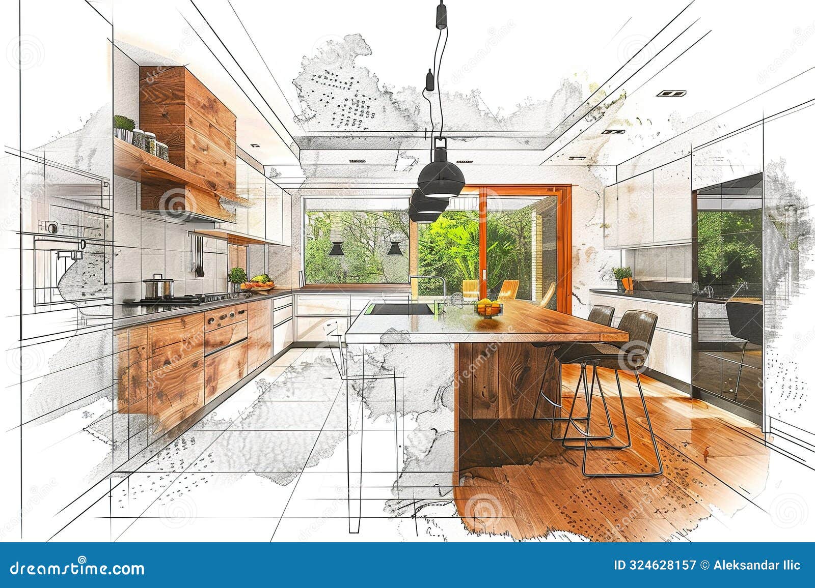 Kitchen Sketch Drawing Design. Ai Generative Stock Image - Image of ...