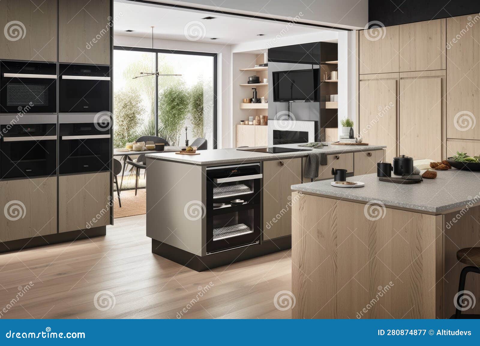 A Kitchen with Smart Appliances and Integrated Cooking Functions Stock ...