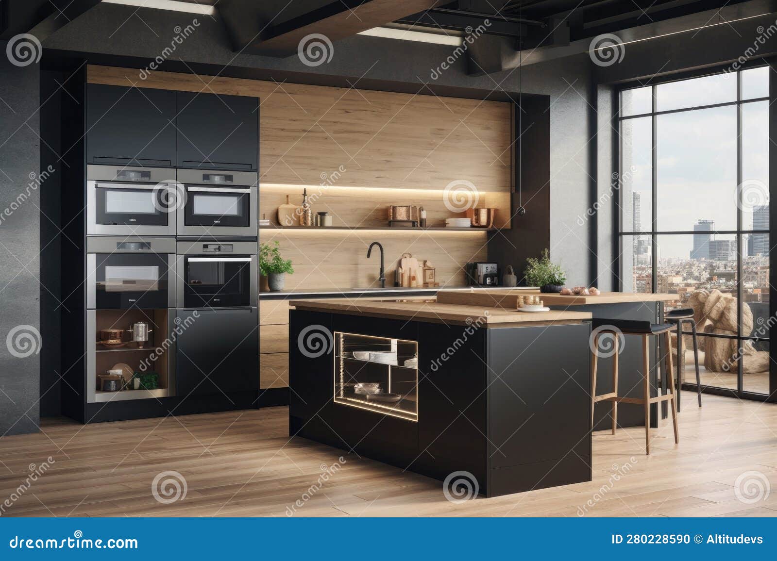 A Kitchen with Smart Appliances and Integrated Cooking Functions Stock ...