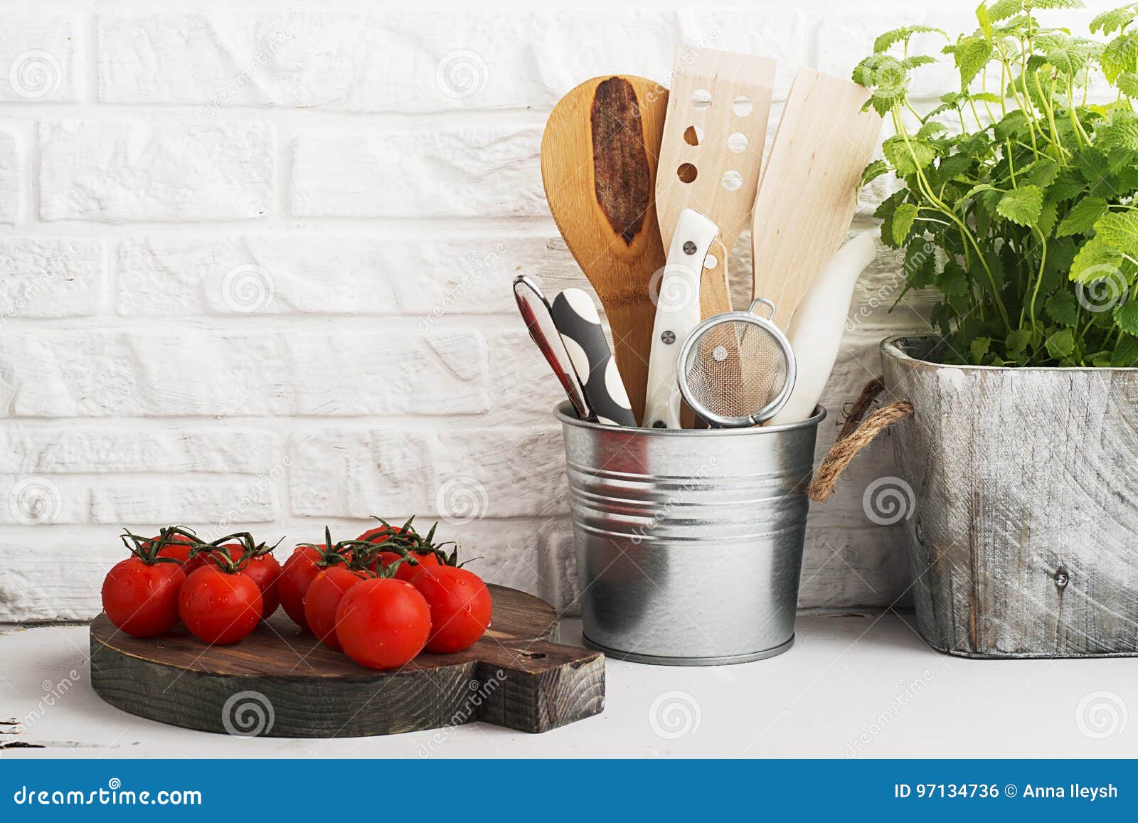 Kitchen Still Life on a White Brick Wall Background: Various Cutting ...