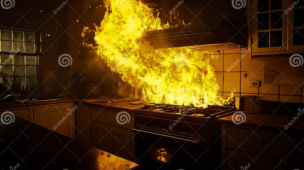 A Kitchen with a Stove that is on Fire in the Middle of it Stock ...