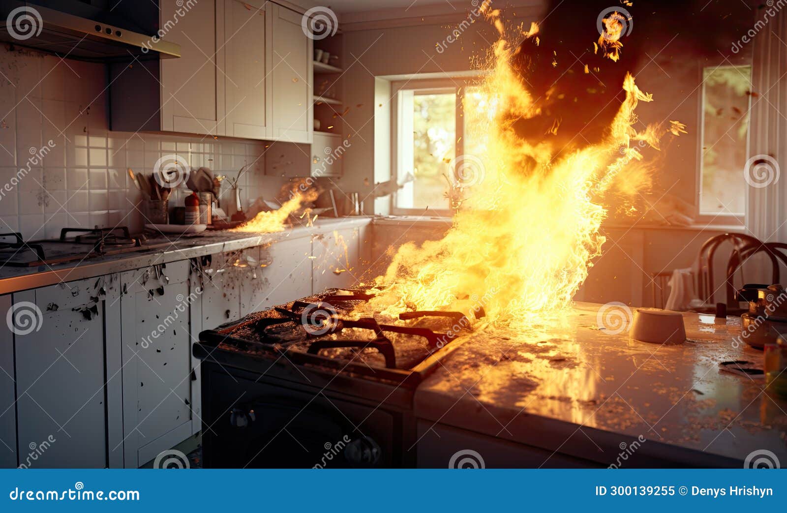 A Fiery Scene: Chaos Unleashed in a Blazing Kitchen Stock Illustration ...