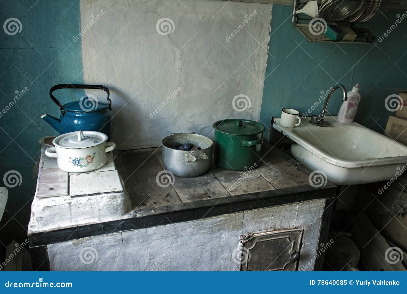 Kitchen and a Stove in the Old Poor Dark Apartment Stock Image - Image ...