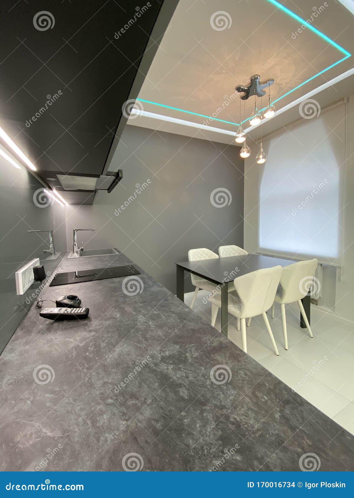Kitchen Studio in White Style with a TV Stock Photo - Image of black ...