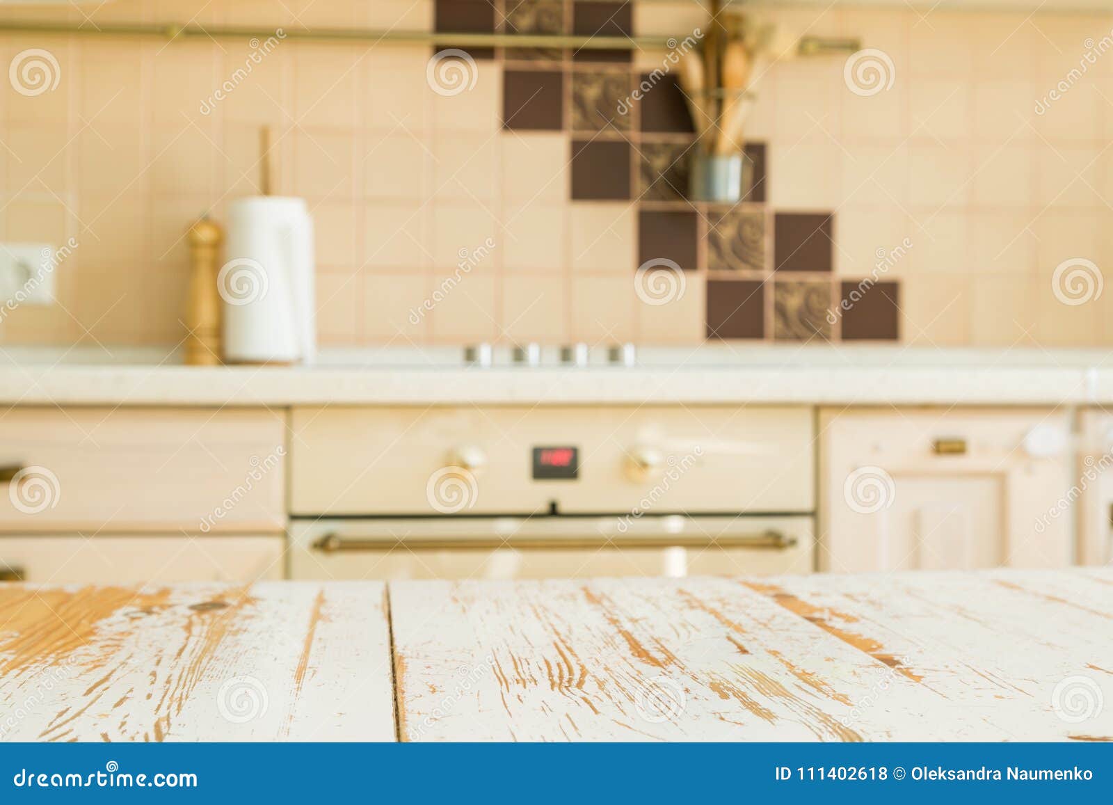 Kitchen Table with Blur Kitchen Counter Stock Photo - Image of table ...