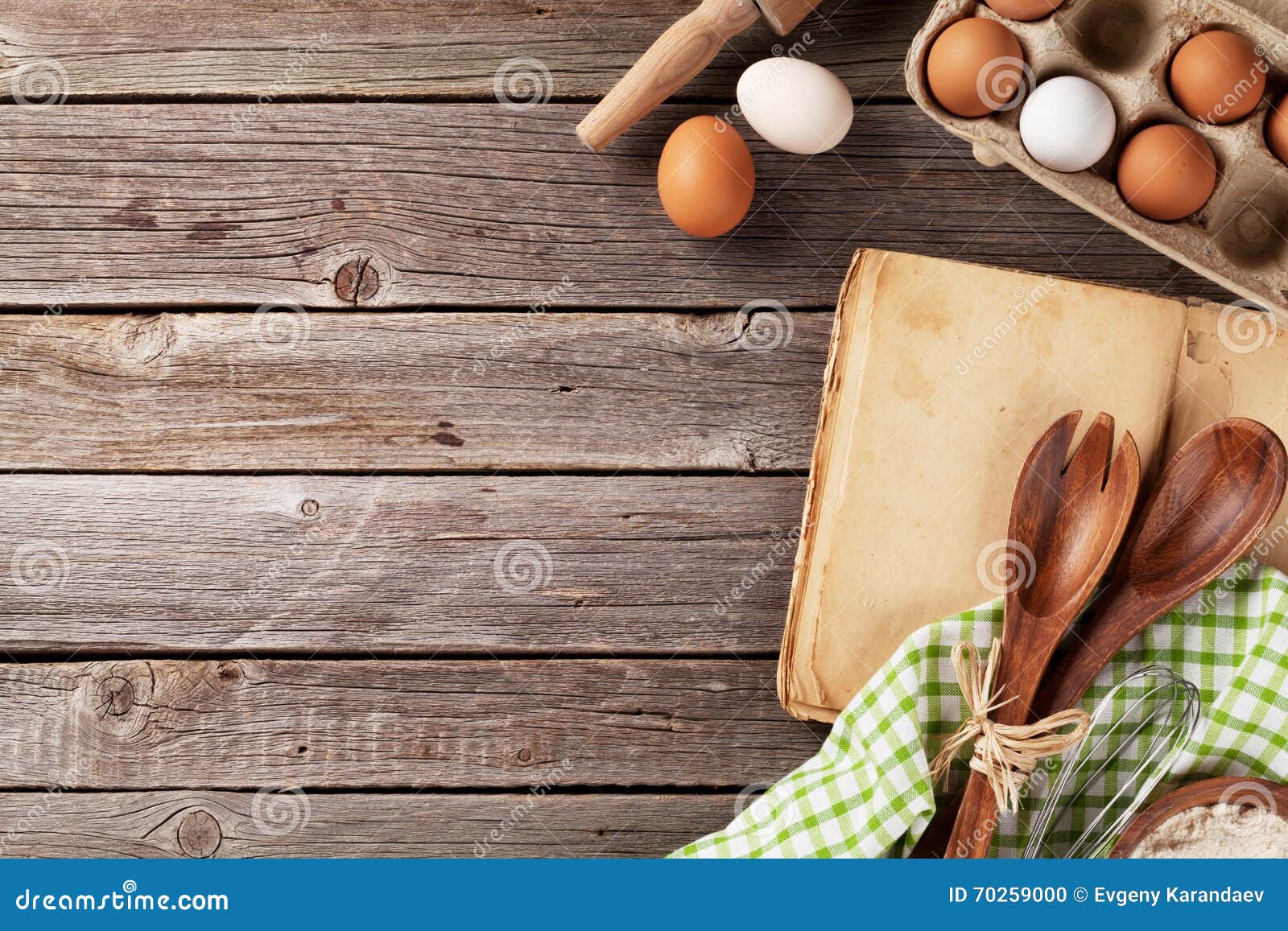 Kitchen Table with Cookbook, Utensils and Ingredients Stock Photo ...