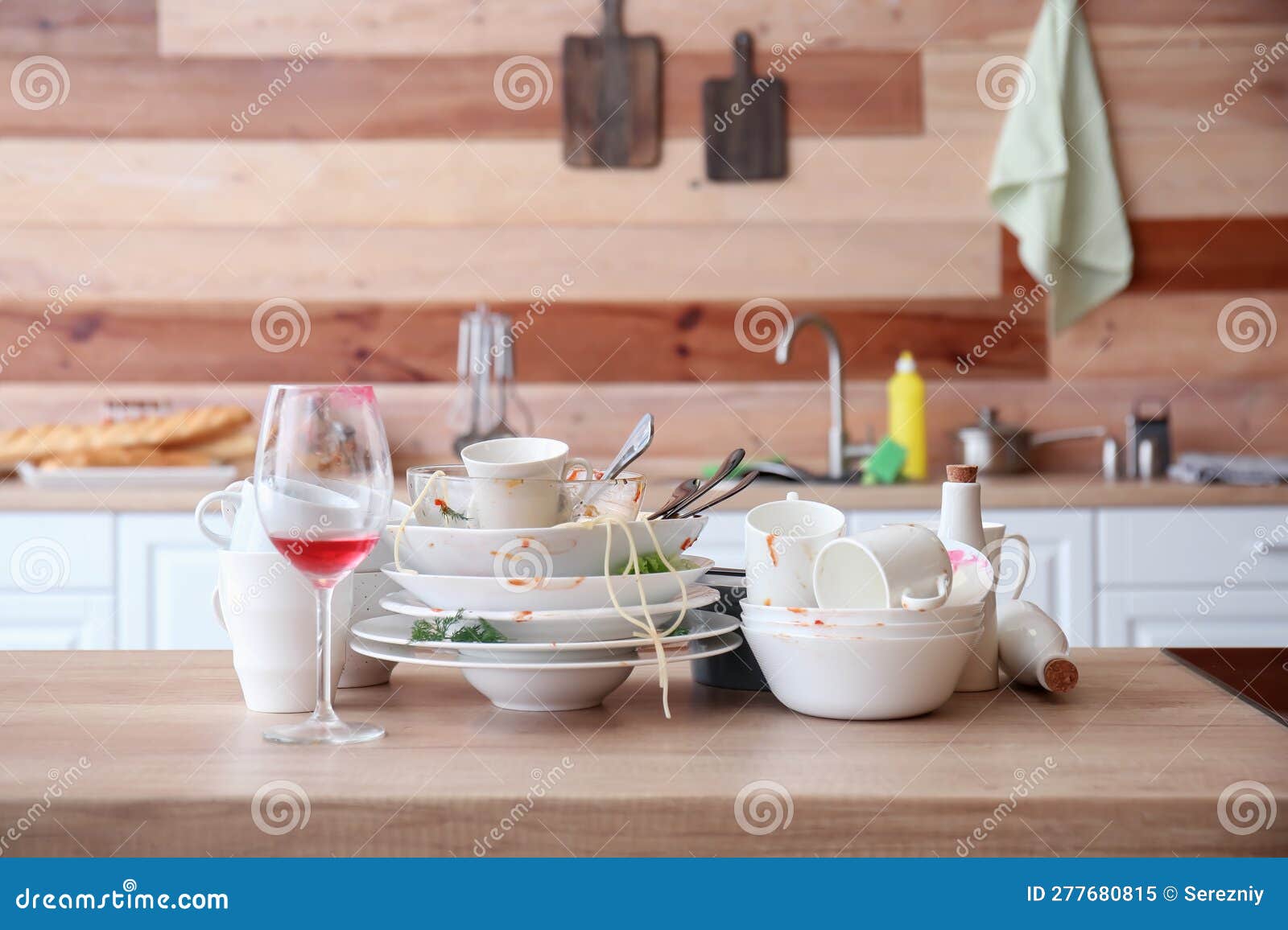 Many Dirty Dishes on Kitchen Table Stock Image - Image of cups ...