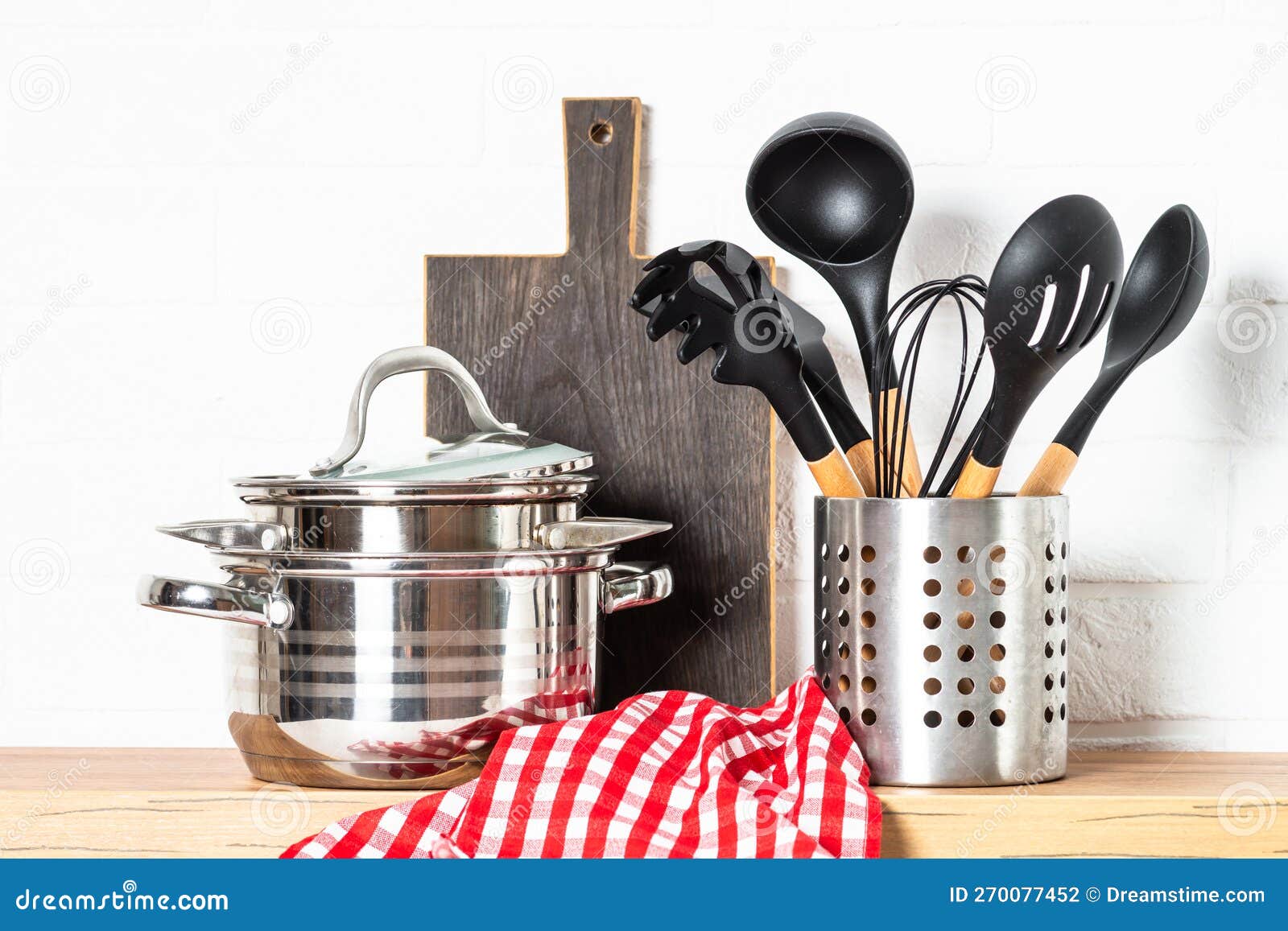Kitchen Table, Kitchen Utensils, Cooking Pots at White Kitchen. Stock ...