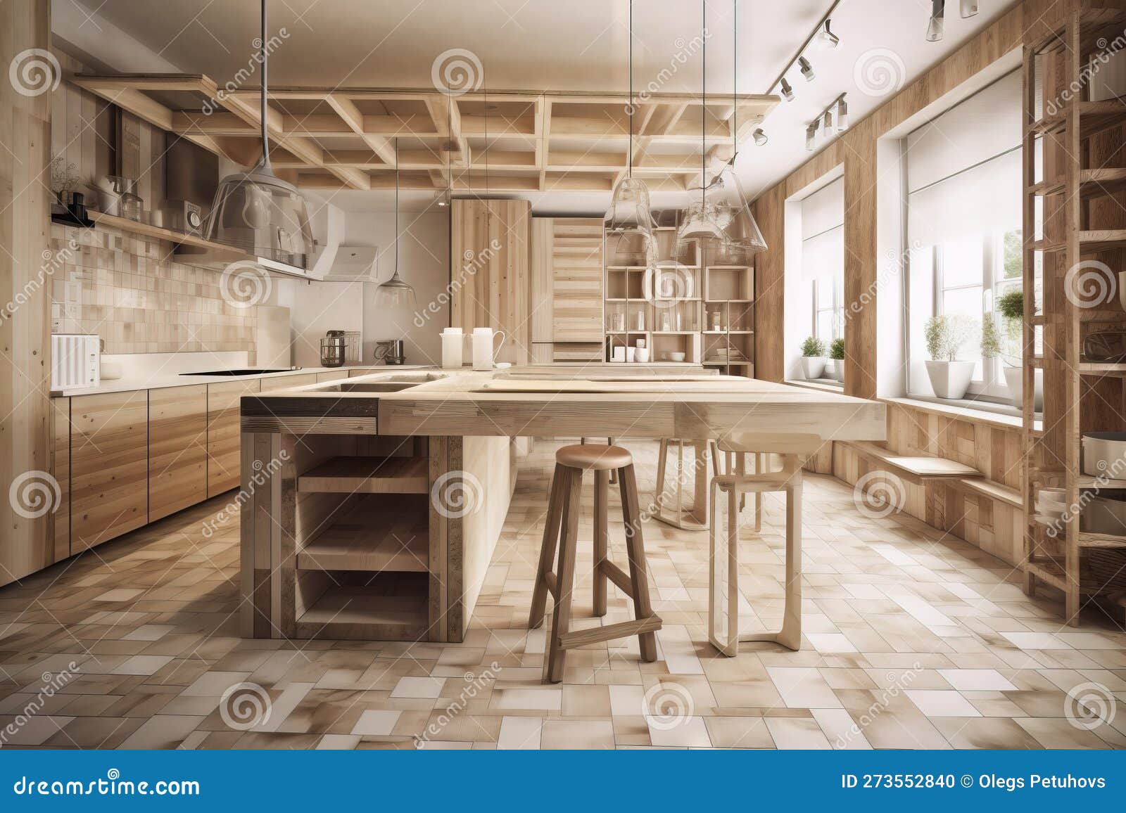 A Kitchen with a Table and Stools and a Counter with a Potted Plant on ...