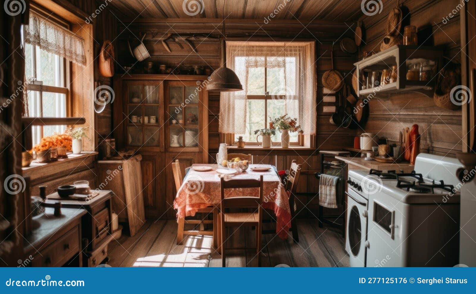 A Kitchen with a Table and a Stove. Generative AI Image. Retro, Old-fashioned. Stock ...