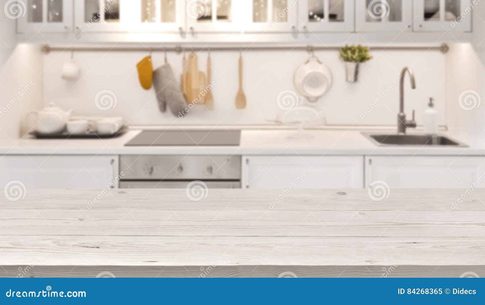 Kitchen Table Top and Blur Background of Cooking Zone Interior Stock ...