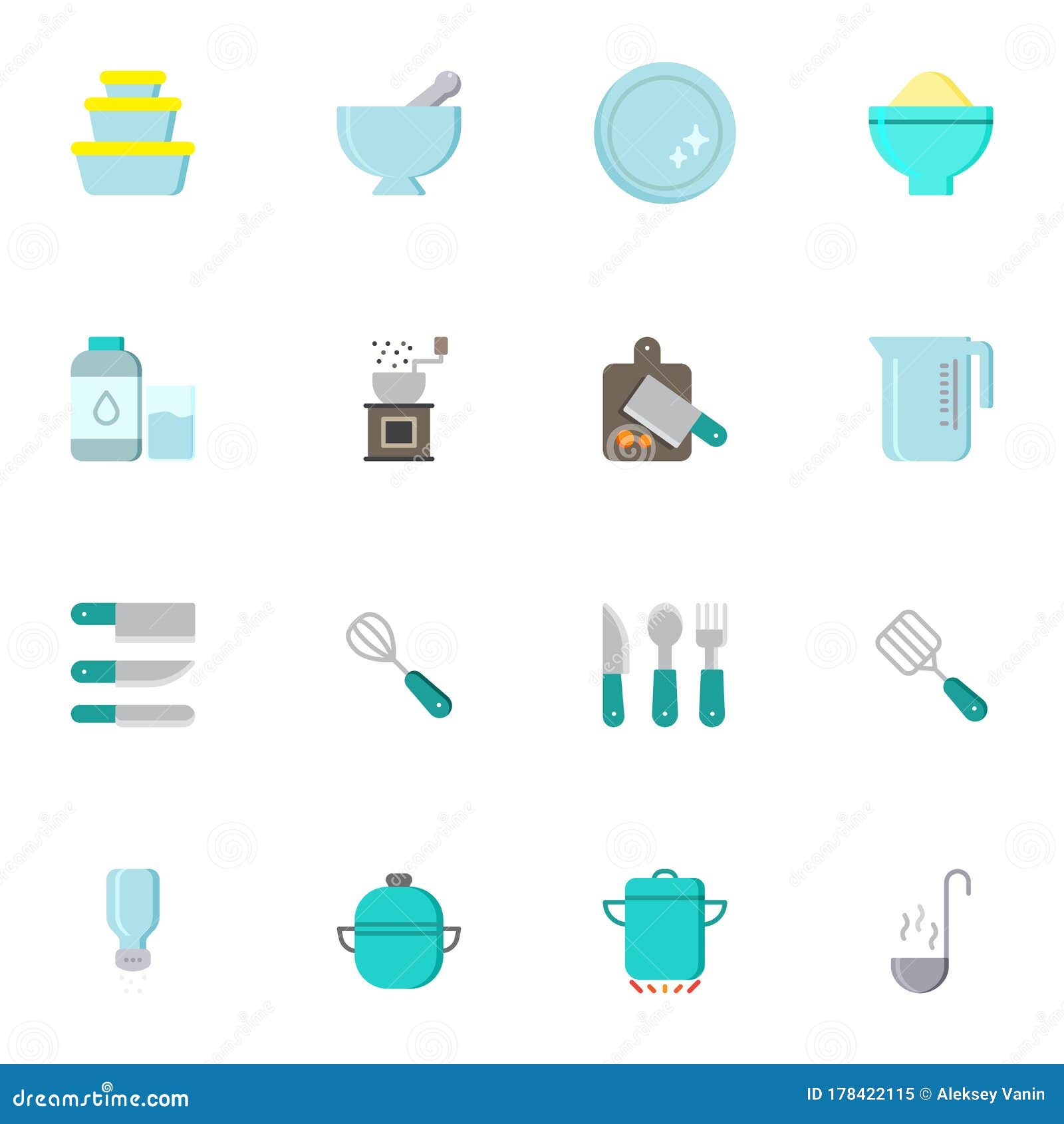 Kitchen Tableware Elements Collection, Flat Icons Set Stock Vector ...