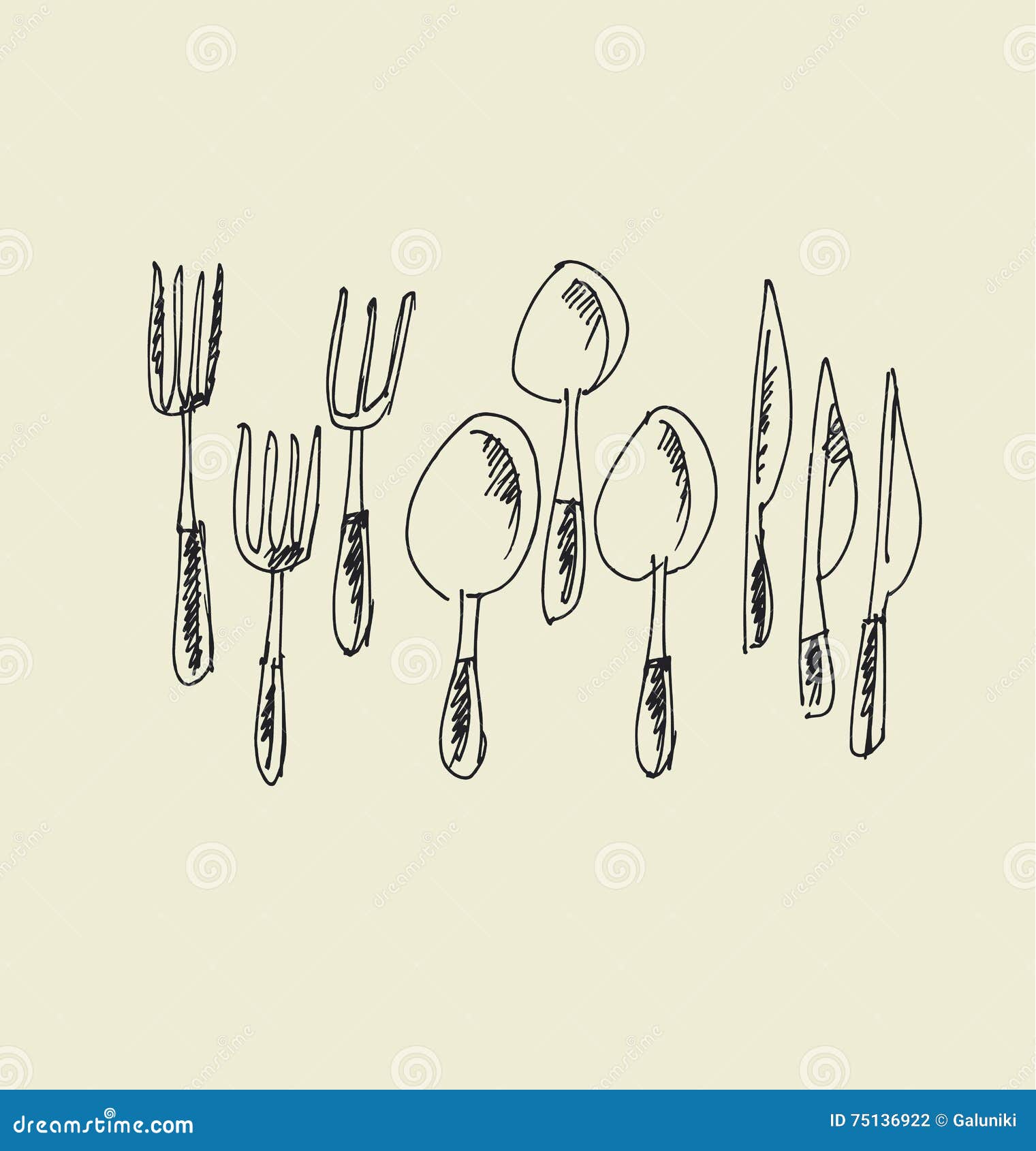 Kitchen Tableware Hand Drawn Image. Fork, Knife and Spoon Sketch ...