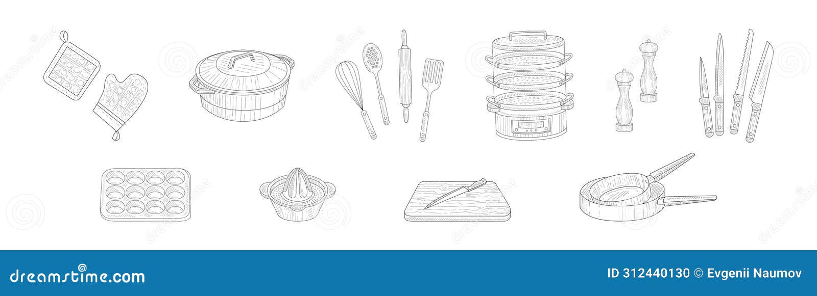 Kitchen Tool and Equipment Hand Drawn Linear Vector Set Stock Vector - Illustration of board ...
