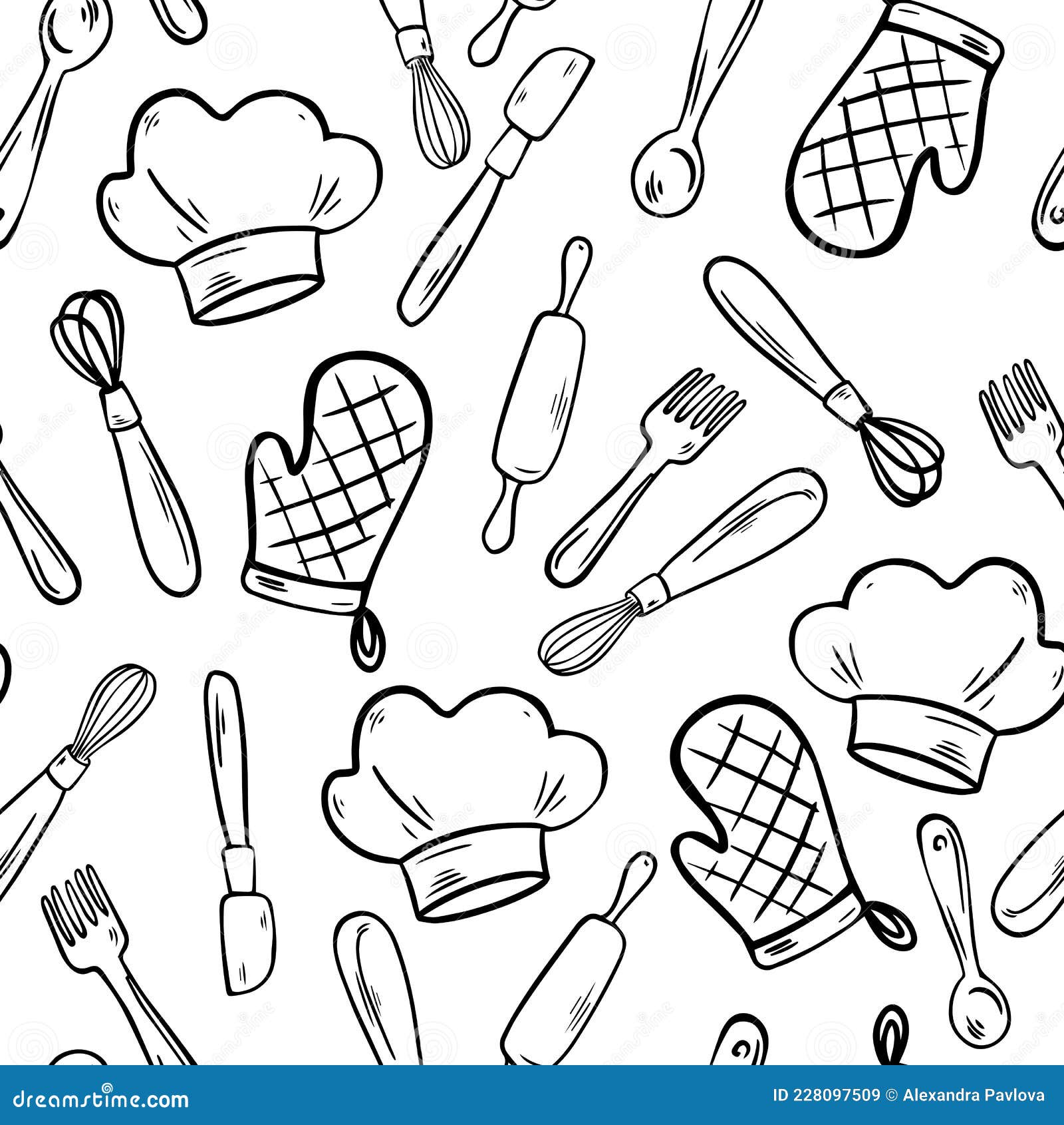 Kitchen Tools Seamless Pattern. Doodle Free Hand Style for Kitchen ...