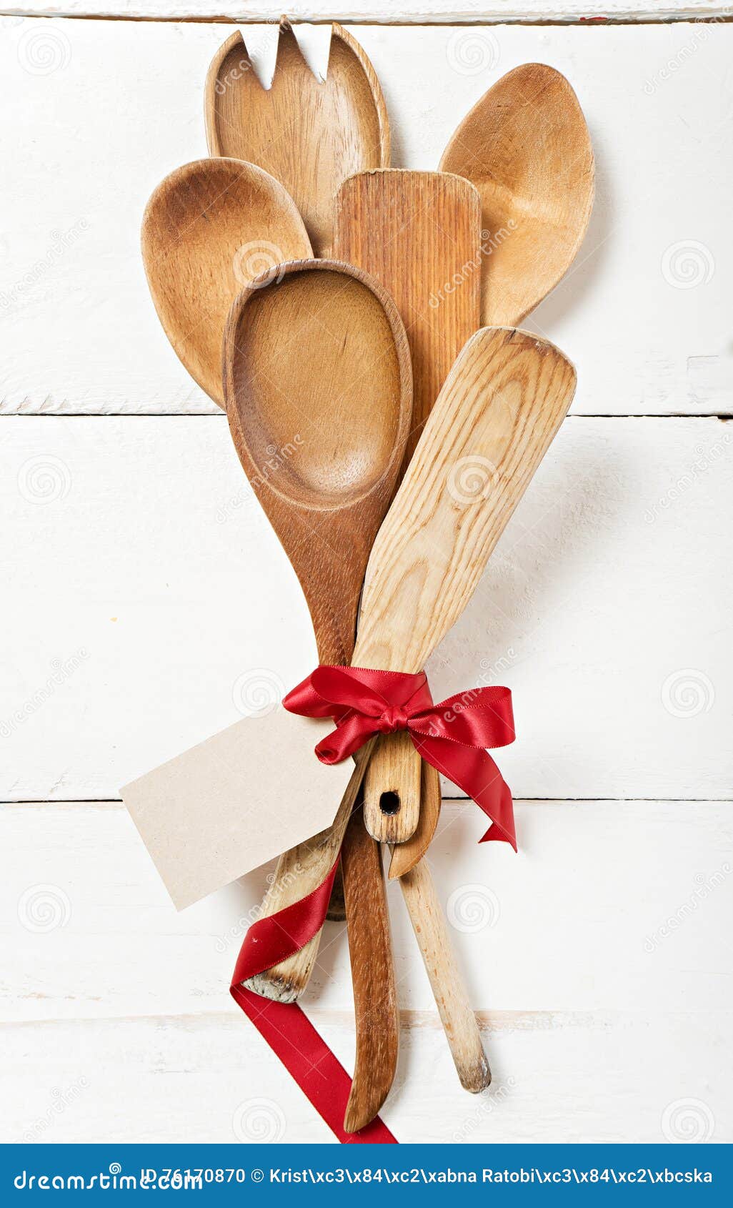 Kitchen Tools on Table with Tag and Red Ribbon Stock Photo - Image of ...