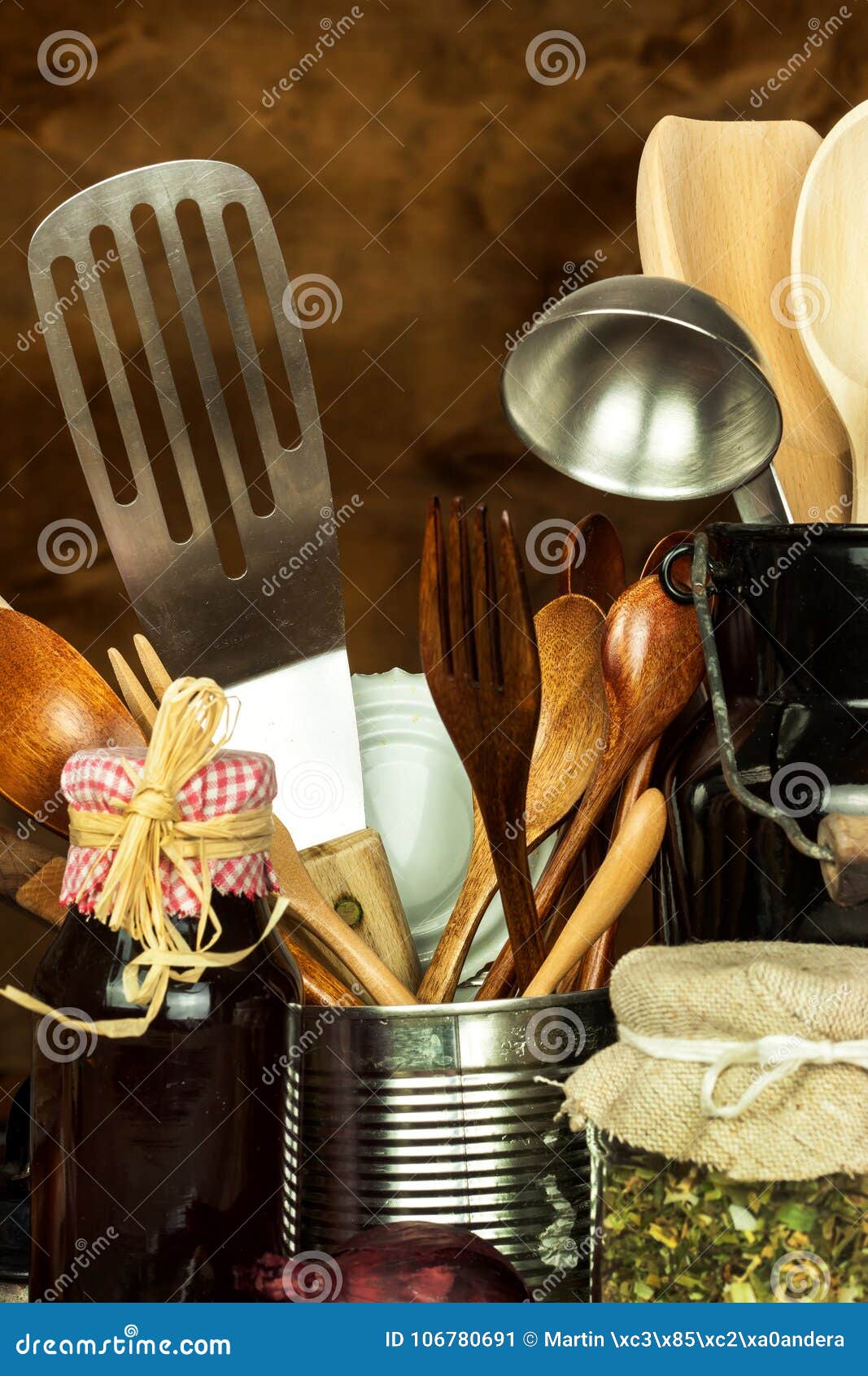 Kitchen Tools on the Table. Utensils for Chefs. Old Wooden Spoon. Stock ...