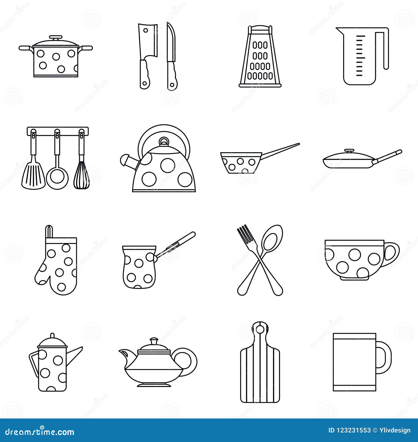 Kitchen Tools and Utensils Icons, Outline Style Stock Illustration ...