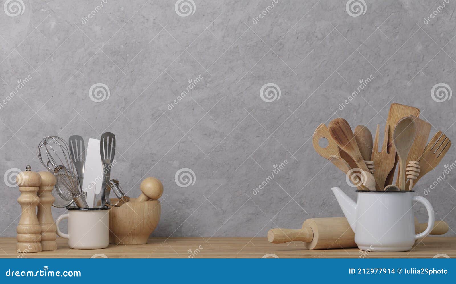 Kitchen Tools, Utensils and Kitchenware on the Table on a Grey Concrete ...
