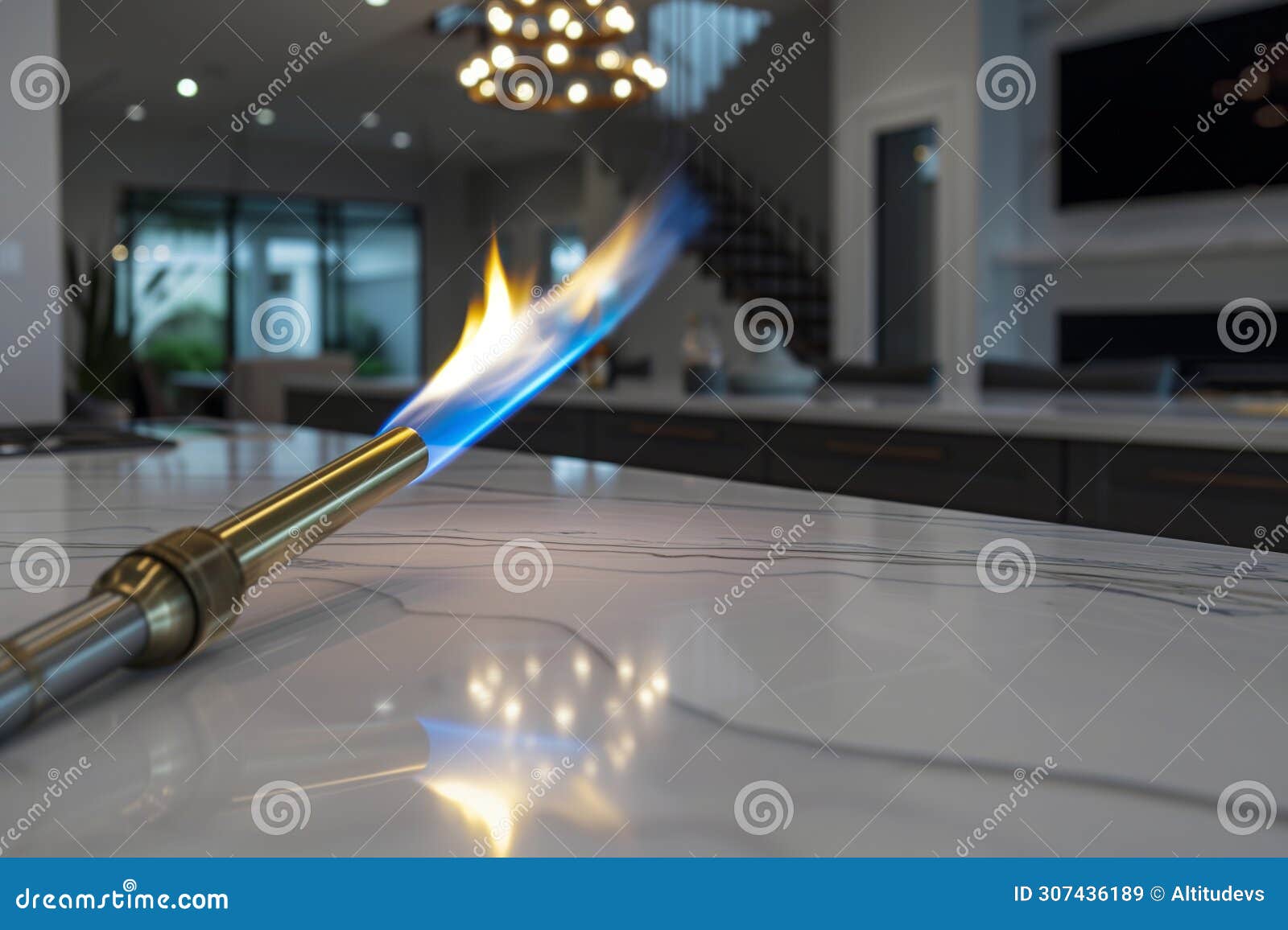 Kitchen Torch Resting on a Modern Marble Countertop with Blue Flame ...