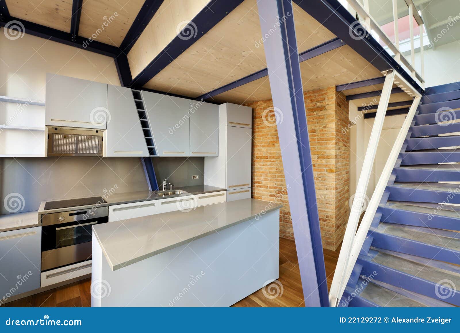 Kitchen under mezzanine stock photo. Image of apartment - 22129272