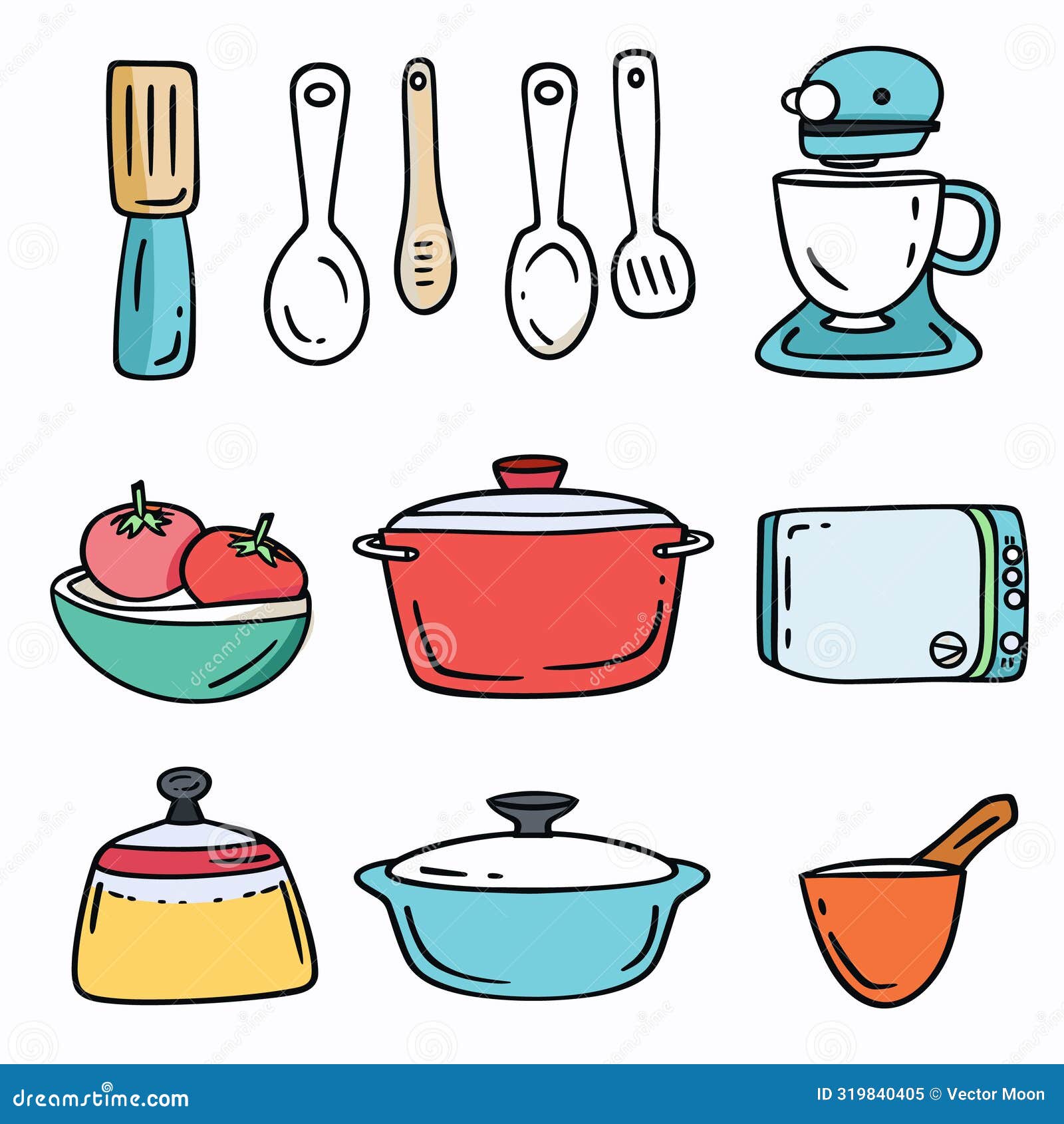 Kitchen Utensils Appliances Doodle, Colorful Cartoon. Cooking Baking ...