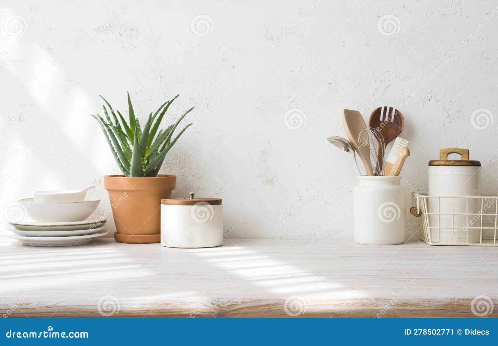 Kitchen Utensils Background With Light Shadows From Window On Table ...