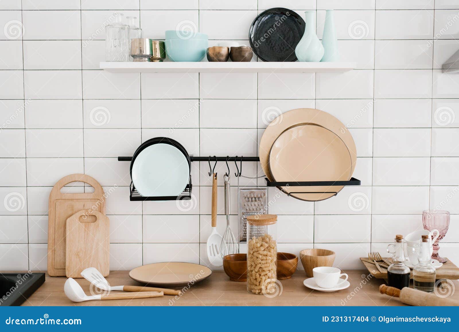 Kitchen Utensils and Utensils in the Bright White Wooden Kitchen Stock ...