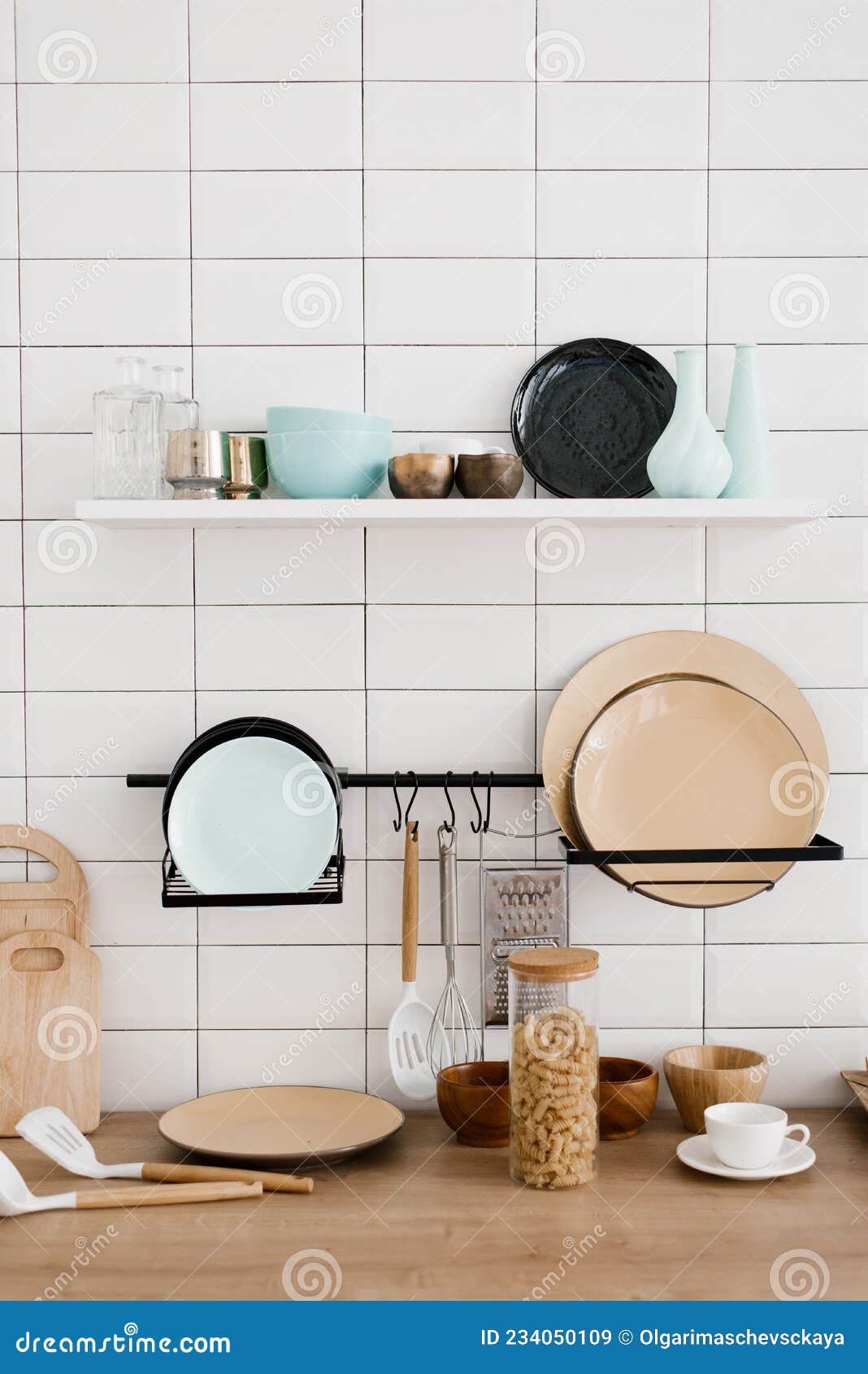 Kitchen Utensils and Utensils in the Bright White Wooden Kitchen Stock ...