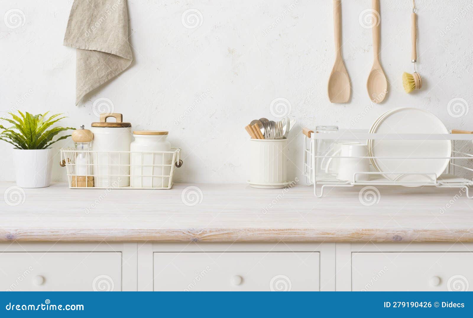 Kitchen Utensils on Cabinet Table with Space for Product Display Stock ...