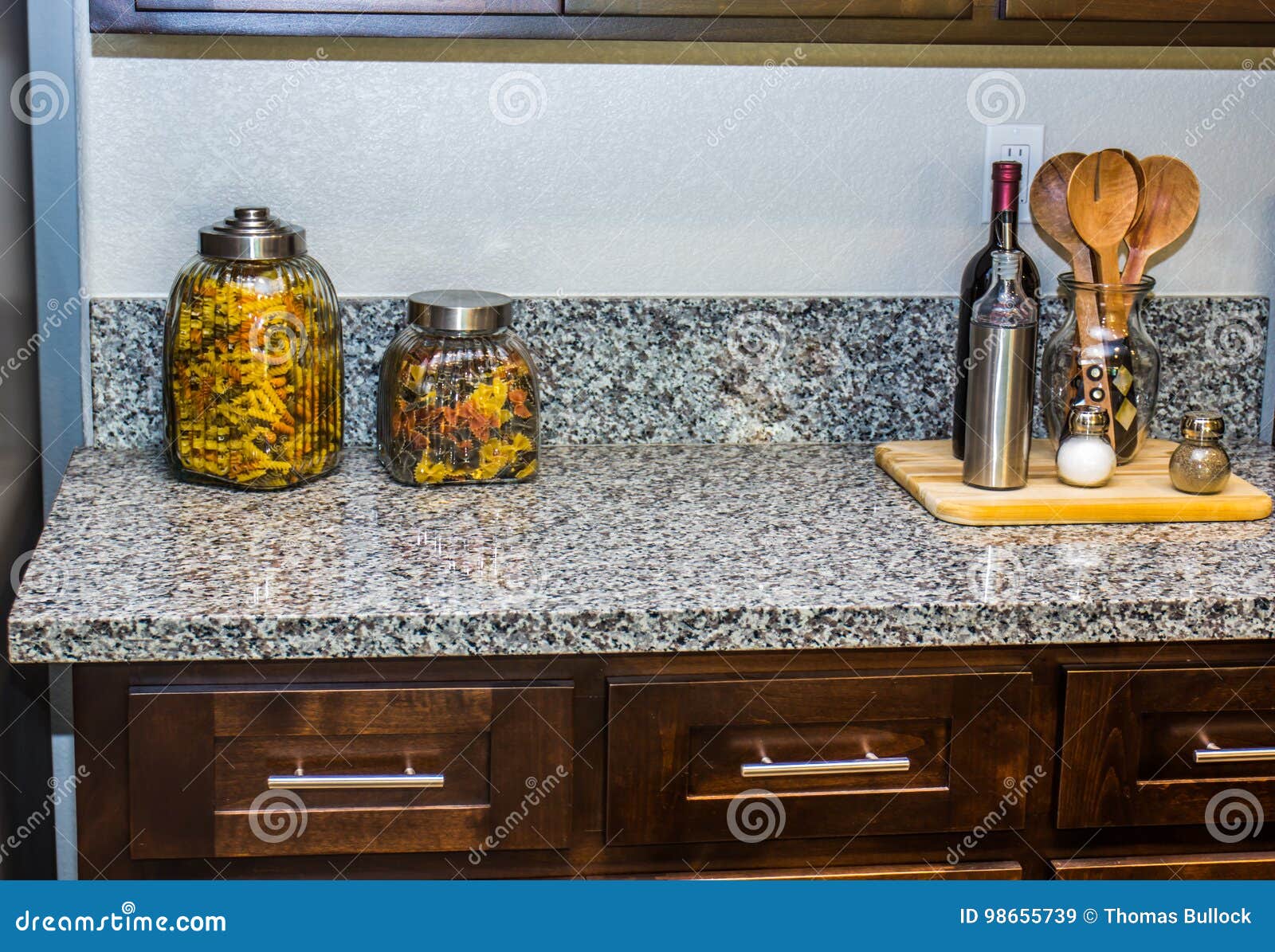 Kitchen Utensils & Containers on Granite Counter Stock Image - Image of ...