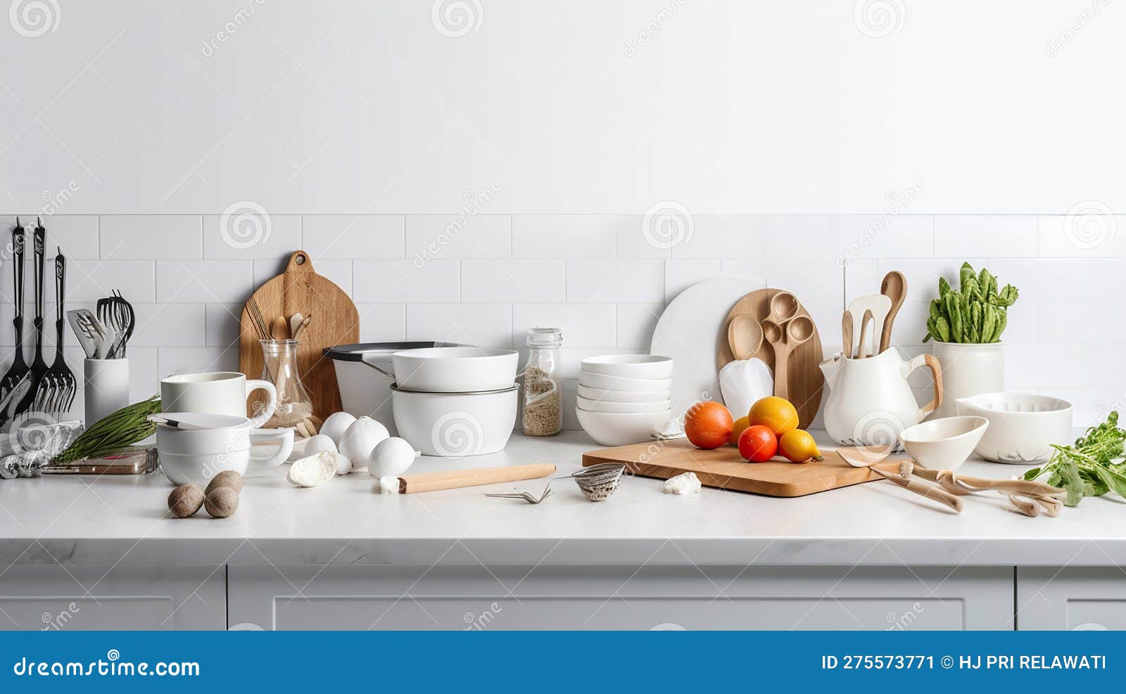 Kitchen Utensils, Cooking Ingredients and Kitchenware on White Counter ...