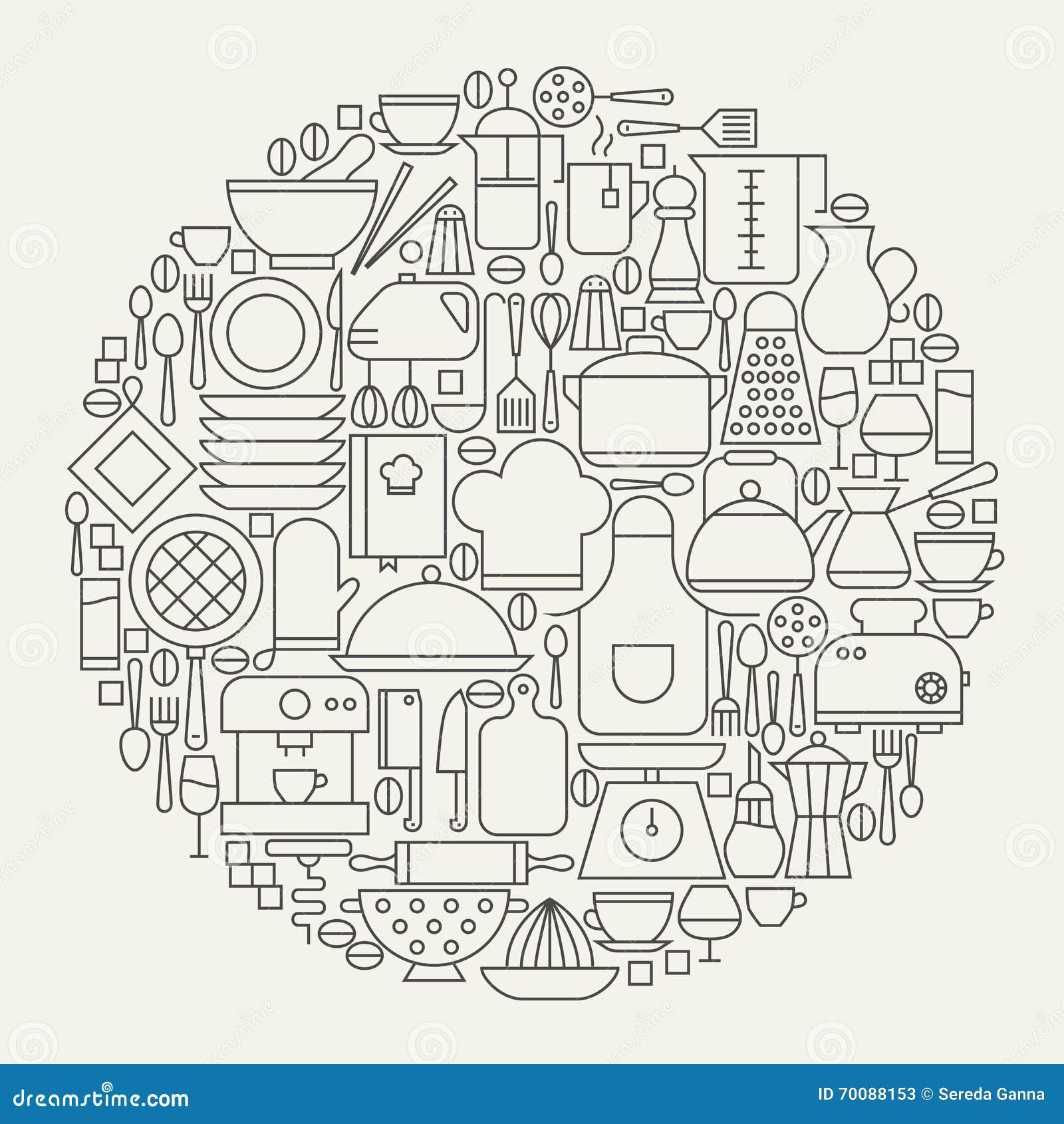 Kitchen Utensils and Cooking Line Icons Set Circle Shape Stock Vector ...