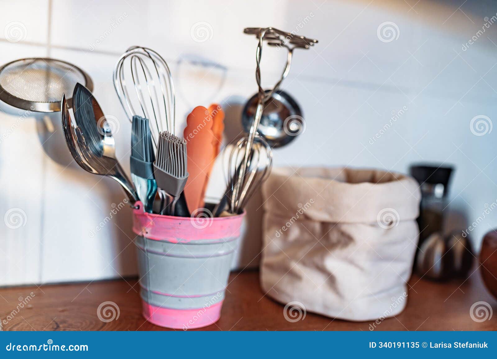 Kitchen Utensils or Cooking Tools in Iron Decorative Bucket, on Kitchen ...