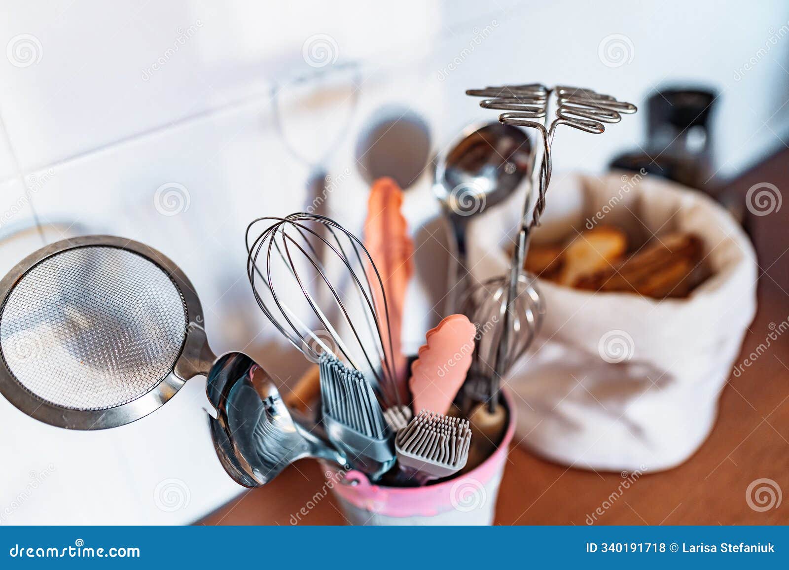 Kitchen Utensils or Cooking Tools in Iron Decorative Bucket, on Kitchen ...