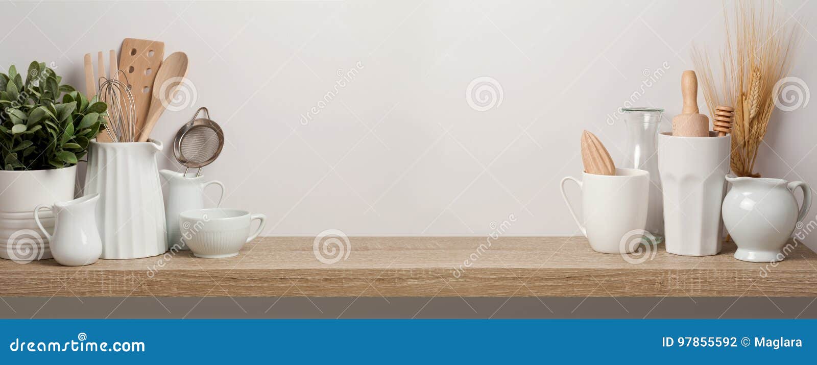 Kitchen Utensils and Dishware Stock Photo - Image of shelf, wood: 97855592