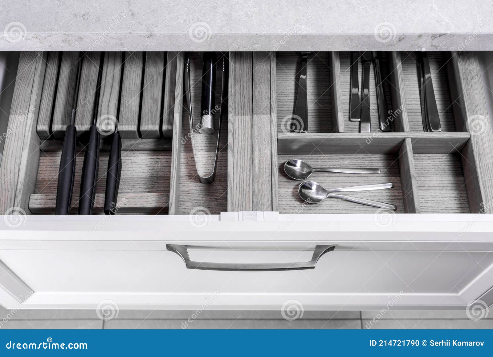 Kitchen Utensils in Drawer. Forks, Spoons and Knives. Stock Photo ...
