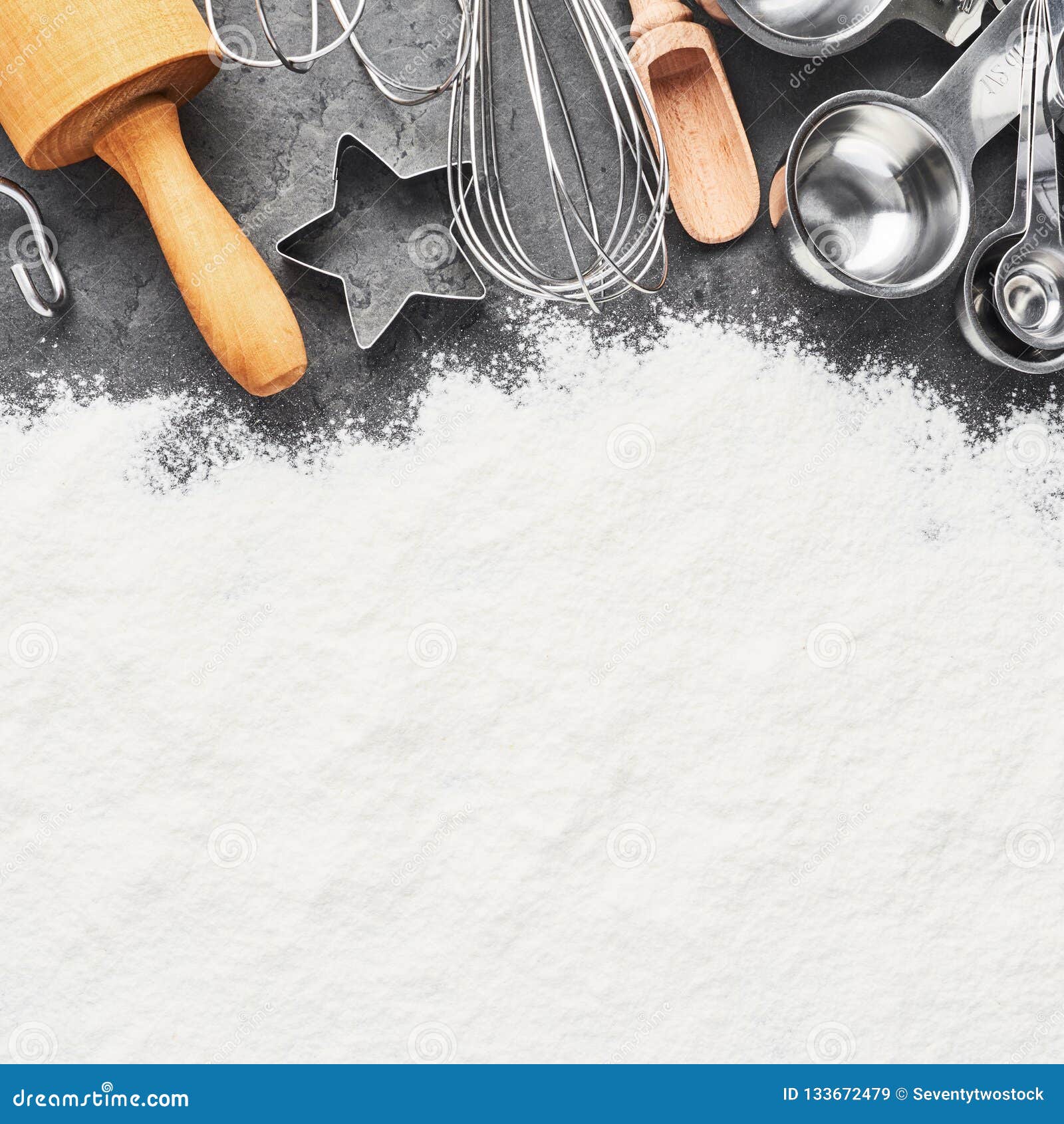 Kitchen Utensils and Flour for Baking or Cooking Background Stock Image ...