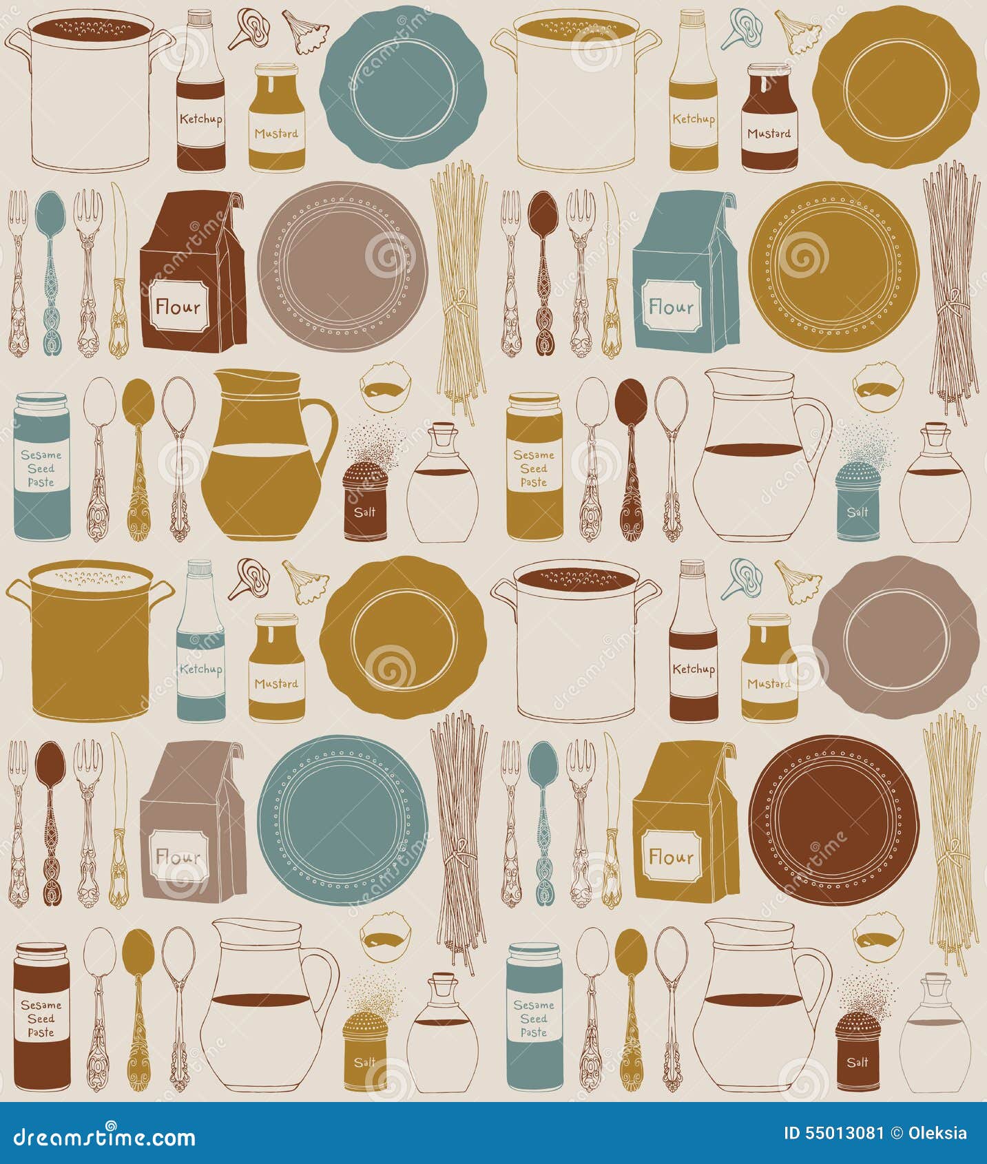 Kitchen Utensils And Food. Cookware, Home Cooking Background. Cartoon ...