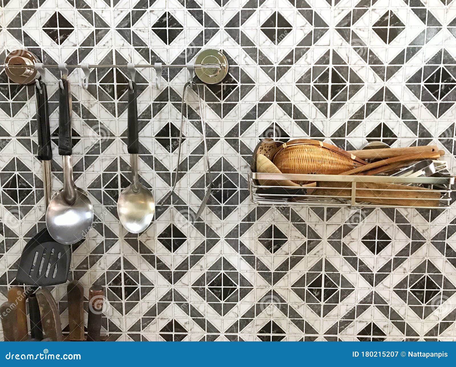 Kitchen Utensils Hanging on Wall Stock Image - Image of utensil ...