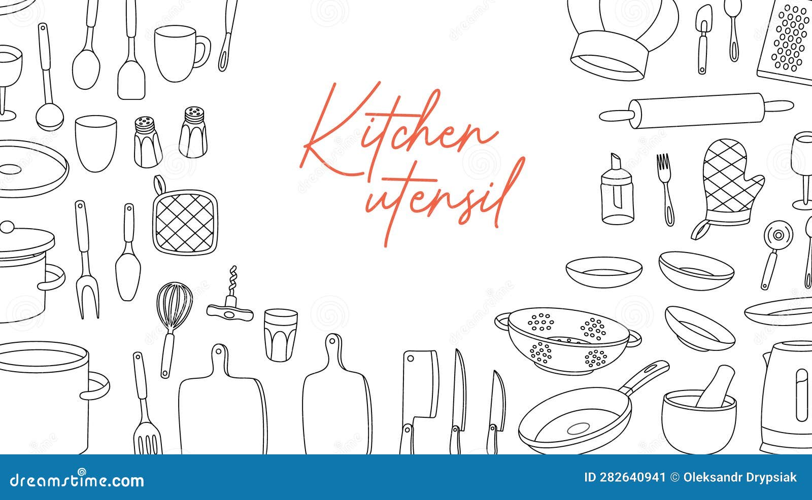 Kitchen Utensils Horizontal Outline Banner. Kitchenware and Cutlery ...