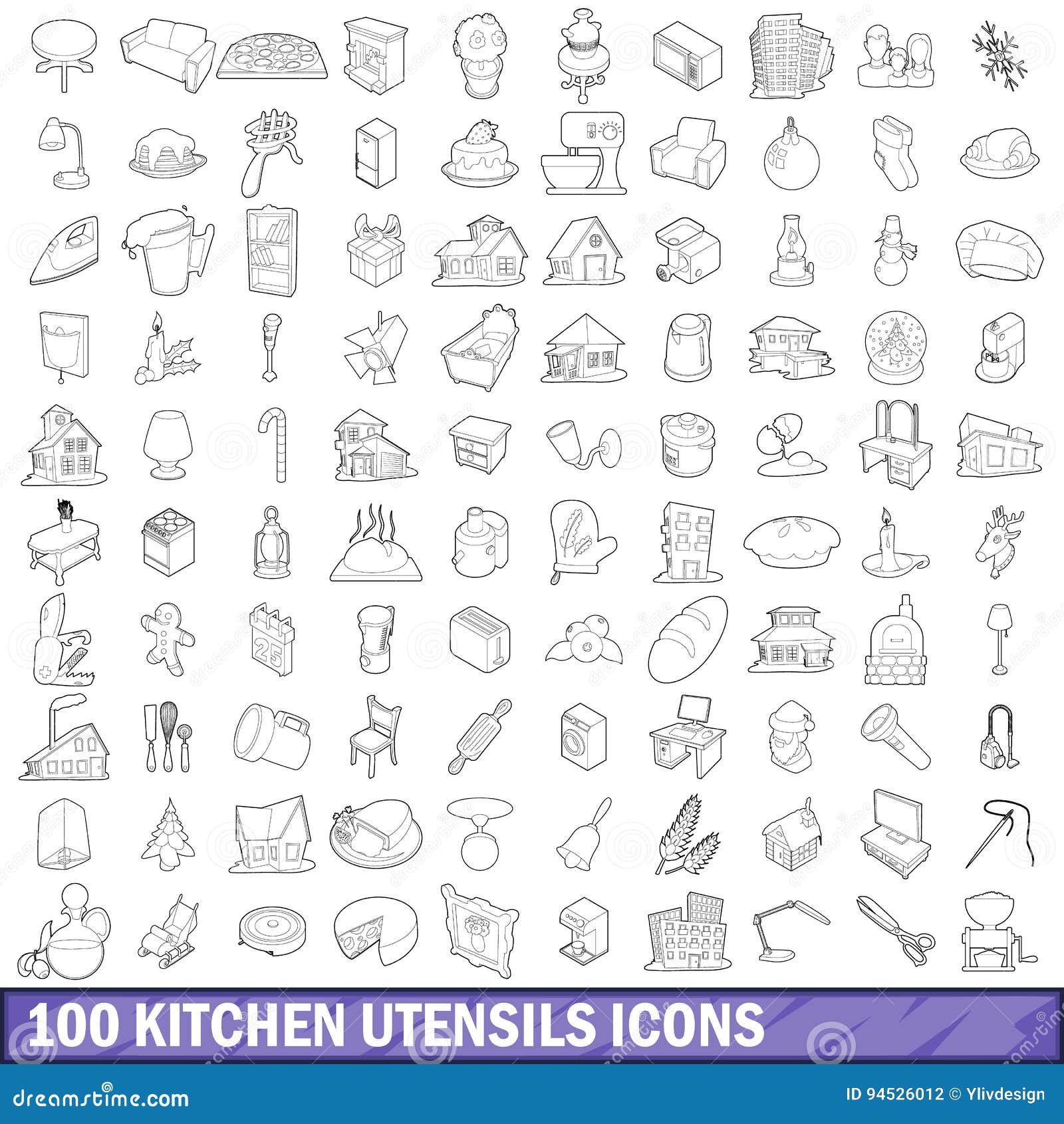 100 Kitchen Utensils Icons Set, Outline Style Stock Vector ...
