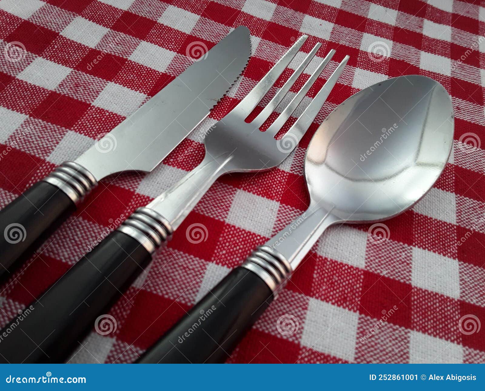 Kitchen Utensils Knife Fork and Spoon on a Red and White Checkered ...