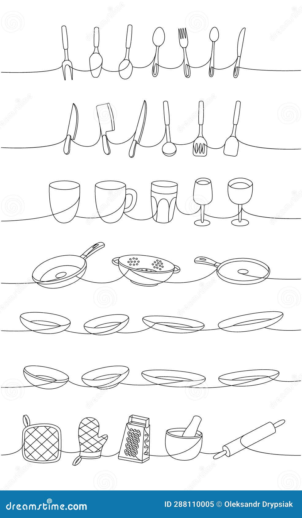 Kitchen Utensils One Line Continuous Drawing. Kitchen Cooking Tools and ...