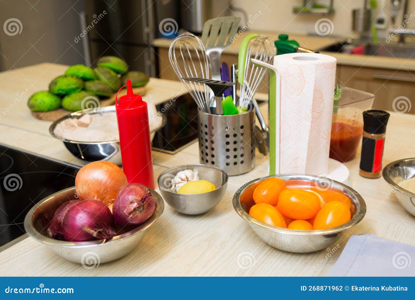 Kitchen Utensils and Vegetables on the Kitchen Table Stock Photo ...