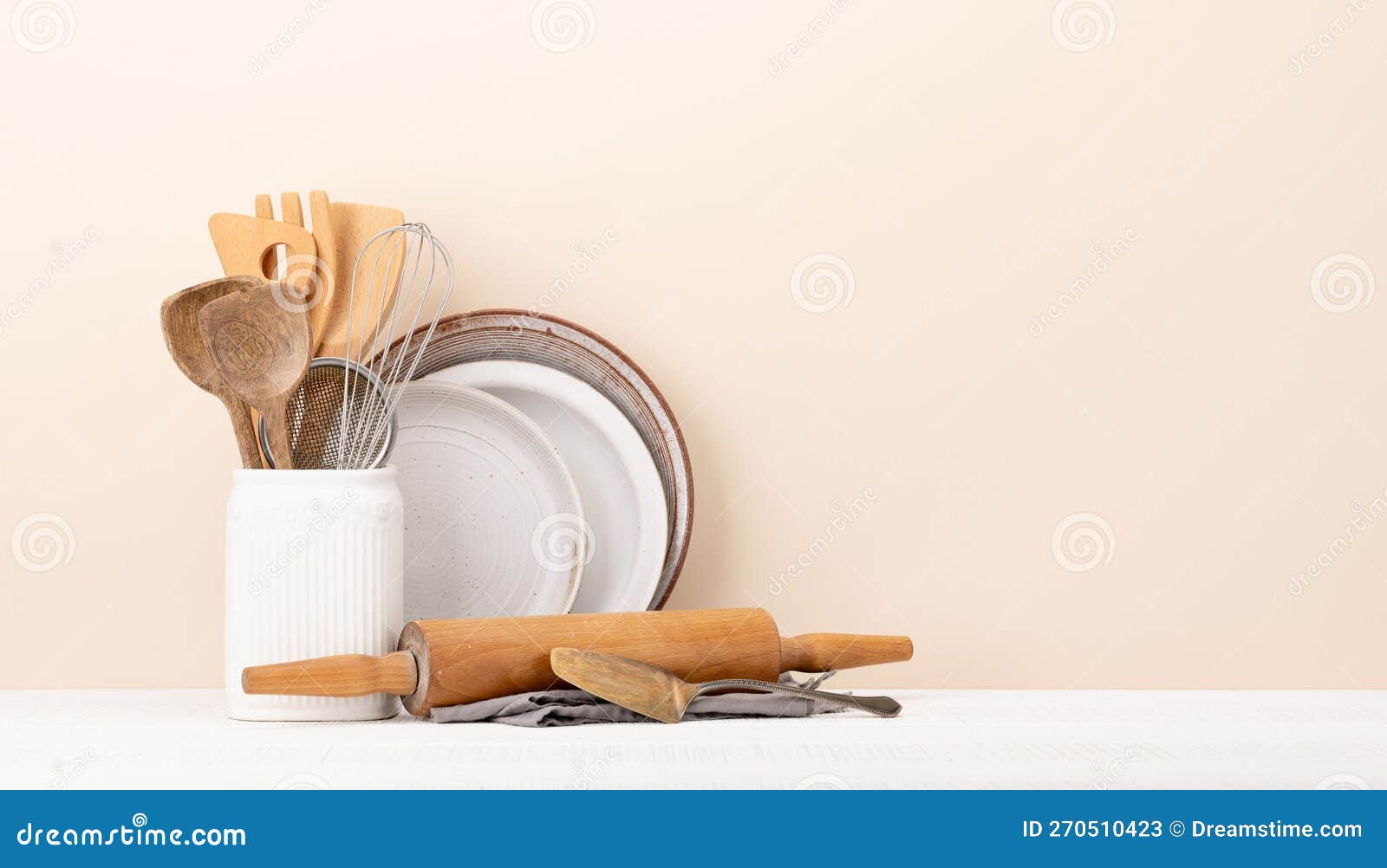 Kitchen Utensils on Wooden Table Stock Image - Image of indoor ...