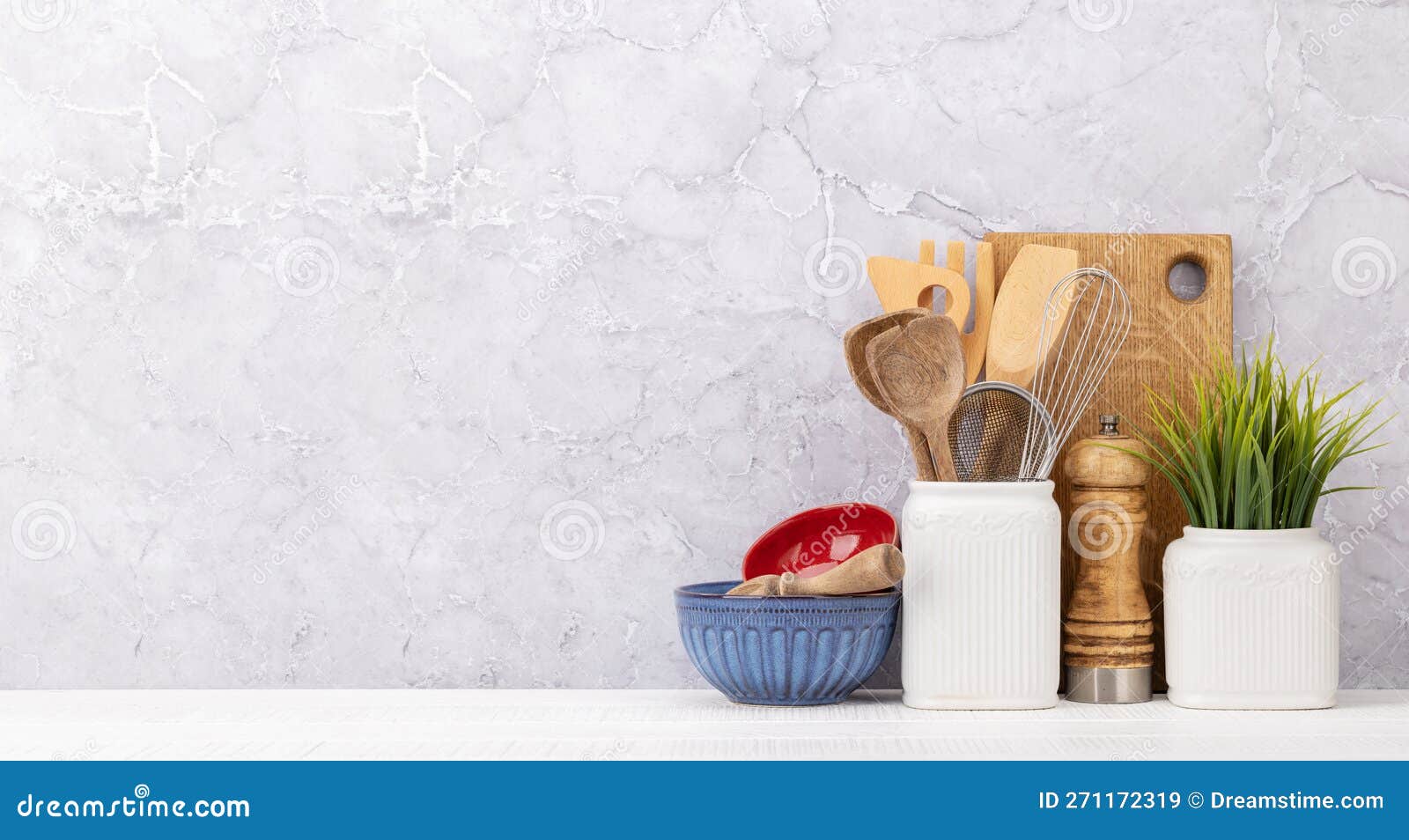 Kitchen Utensils on Wooden Table Stock Image - Image of shelf, desk ...