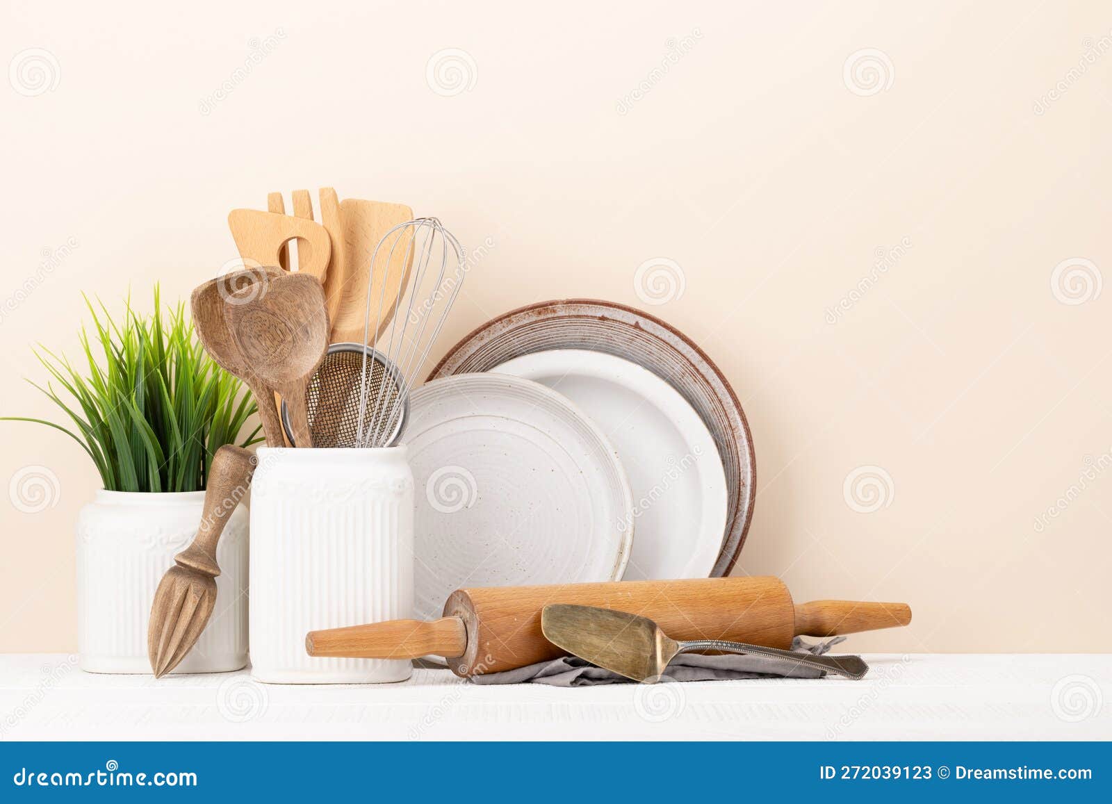 Kitchen Utensils on Wooden Table Stock Image - Image of dishware, plate ...