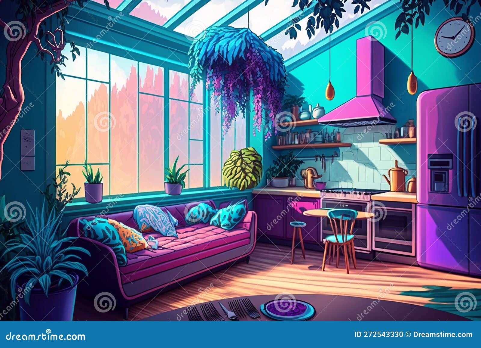 Kitchen with Very High Windows. Afternoon Light Stock Illustration ...