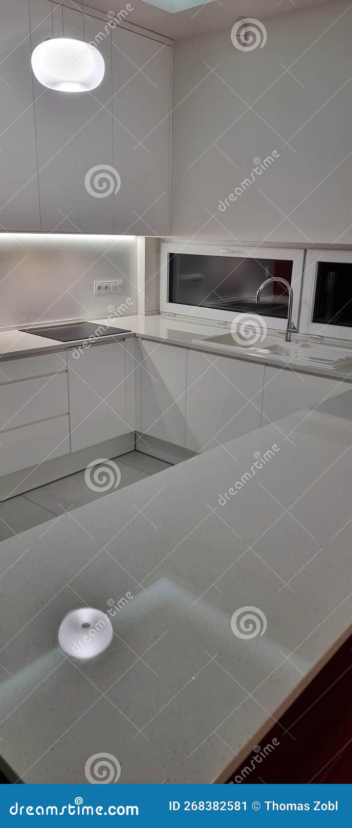 Kitchen, View of the Kitchen Counter, Sink and Induction Hob. Stock ...